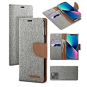 GOOSPERY Canvas Wallet Designed for Apple iPhone 13 Wallet Case, Stylish Denim Fabric Design [3 Card Slots & 1 Side Cash Pocket] [Standing Feature] Card Holder Flip Phone Cover - Gray