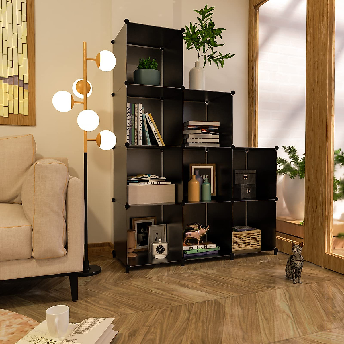 Homywish Cube Storage Organizer 9 Cube Closet Storage Shelves with Wooden Hammer DIY Closet Cabinet Room Storage Bookshelf Plastic Square Organizer Shelving for Home, Office, Bedroom，Black…