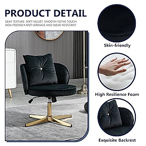 MOONMISS Swivel Office Desk Chair - Ergonomic Comfy Desk Chairs with Pillow, Adjustable Velvet Vanity Chair for Study, Office, Make-up, Black-Gold Legs