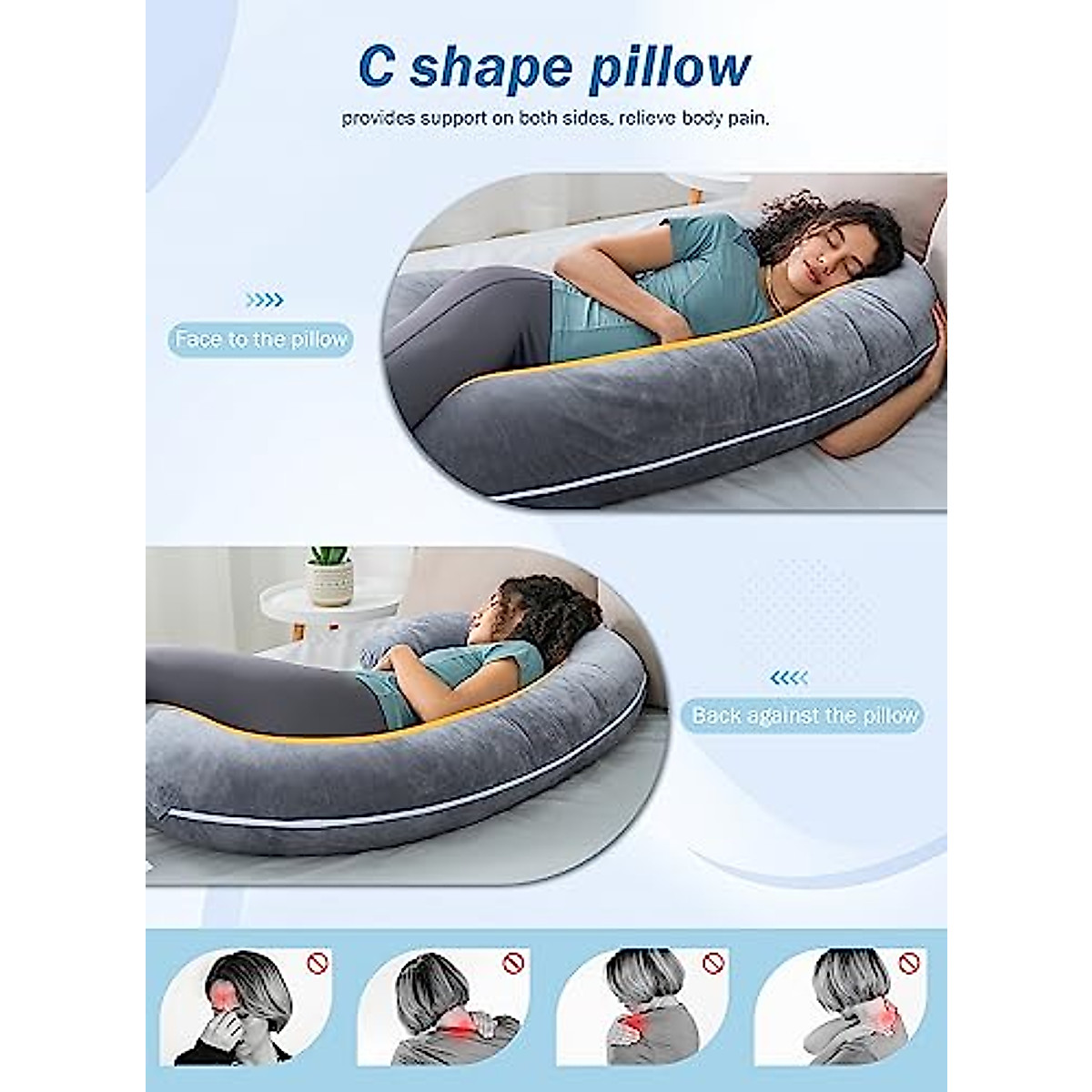 INSEN Pregnancy Pillows, C Shaped Pillows for Sleeping Support, Maternity Body Pillow Pregnant Women with Removable Velvet Cover, Gray, 58 Inch