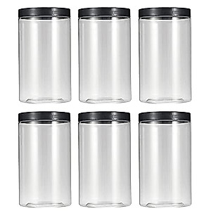 VeleGO 43oz (1280 ml) Clear Plastic Jars with Smooth Black Lids and Labels (6 Pack), Wide Mouth, BPA Free, PET Jars Bulk for Home & Kitchen Pantry Organization and Storage (Black)