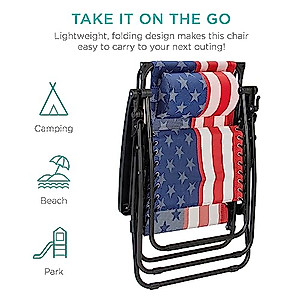 Best Choice Products Folding Zero Gravity Outdoor Recliner Patio Lounge Chair w/Adjustable Canopy Shade, Headrest, Side Accessory Tray, Textilene Mesh - American Flag