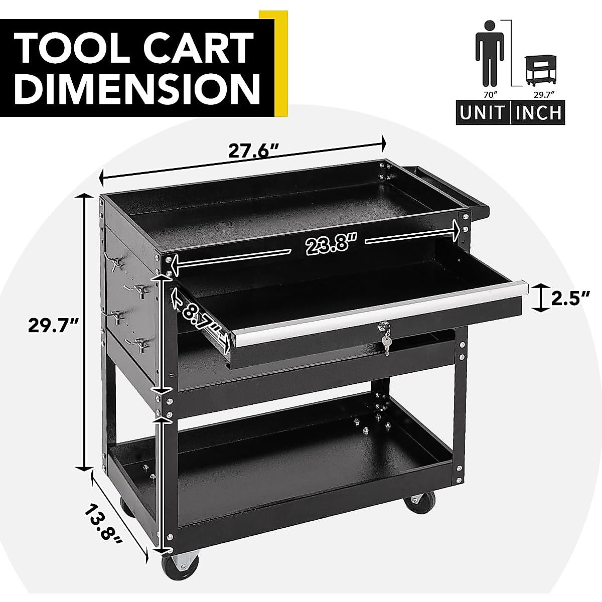 SUN & SUMMER Tool Chest with Wheels, Rolling 3-Tier Tool Box with Wheels 330 LBS Capacity Heavy Duty Utility Industrial Service Cart with Locking System Drawer for Garage, Warehouse & Repair Shop