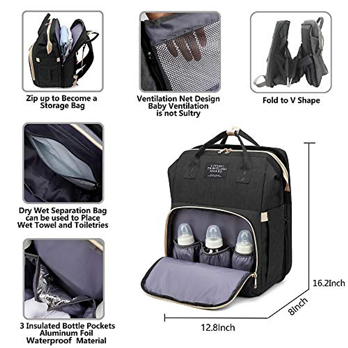 Lamroro Diaper Bag Backpack, Baby Nappy Changing Bags Multifunctional Travel Backpack, Large Capacity, Waterproof, Sunshade, Built-in USB Charging Port Stylish Black