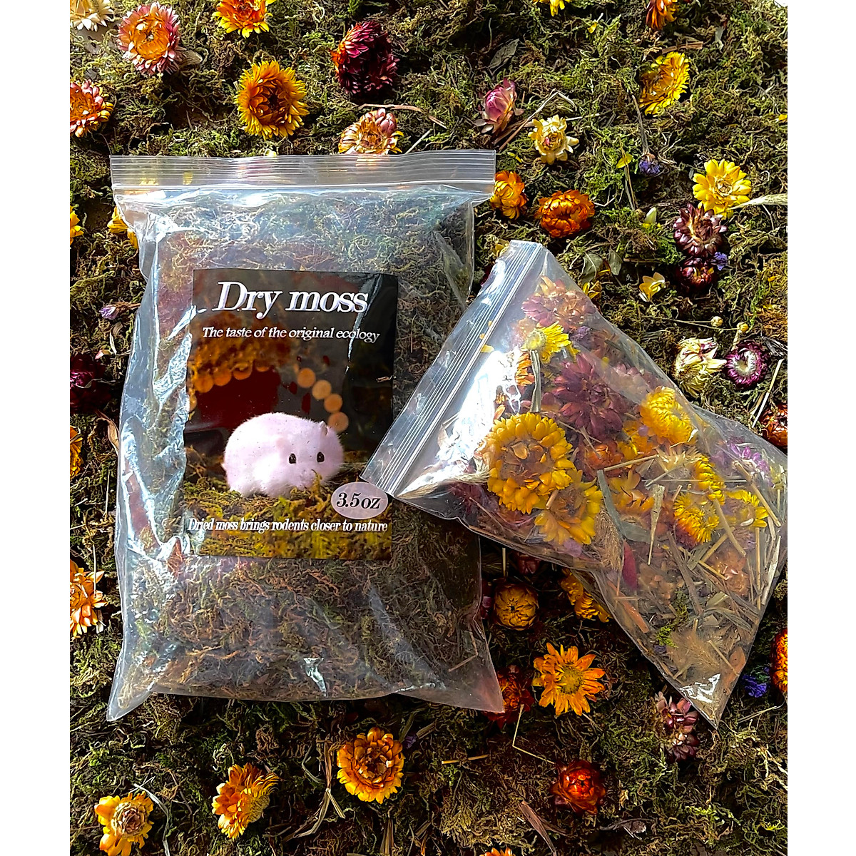 BGUNDI KHZYK 3.5oz Forest Hamster Moss & 1.76oz Hamster Flowers,Hamster Bedding Suitable for Dwarf Hamsters and Syrian Hamsters,Hamster Sprays,Hamster Habitat Decor for Hamster Cage Accessories