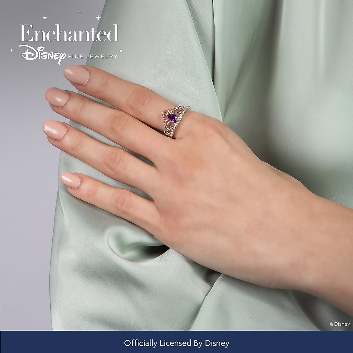 Jewelili Enchanted Disney Fine Jewelry Sterling Silver and 10K Rose Gold with 1/10cttw Diamonds and Amethyst Ariel Shell Tiara Ring, Size 9