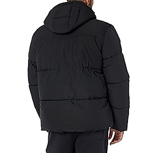 Amazon Essentials Men's Recycled Polyester Mid-Length Hooded Puffer (Available in Big & Tall), Black, Large