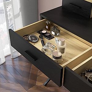 Vanity Table with Lighted Mirror, Modern Makeup Vanity Table with 10 Lights Makeup Desk 4 Drawer Storage Dressing Table for Bedroom (Black)