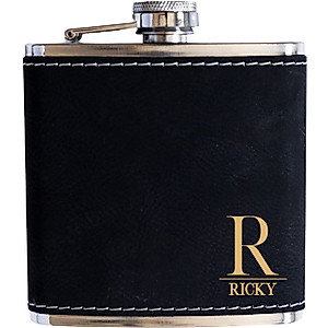 Personalized Flask For Wedding Gift. Customized Flask Gift Set. Engraved Leatherette Flask With Optional Gift Box For Groomsmen Gifts. Engraved Flask (Black & Gold)