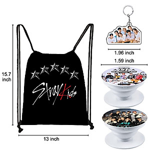 eTel Like Stray Kids Gifts Set, Including Drawstring Bag Backpack, Necklace, Earrings, Bracelets, Button Pins, Lanyard ID Holder, Keychain, Phone Ring Holder, Cartoon Badge