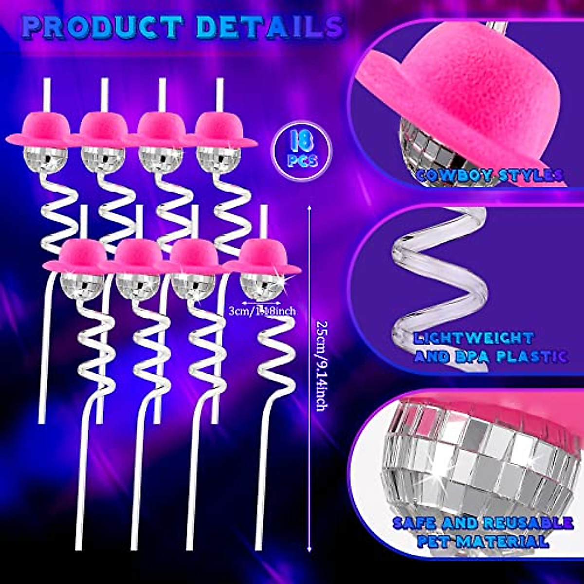 18 Pcs Mirror Disco Ball Straws 70s Disco Party Decorations Christmas Silver Disco Straw Decor Plastic Disco Decorative Straws Cowboy Hat Disco Ball Straws for Dance Holiday Wedding Birthday Party