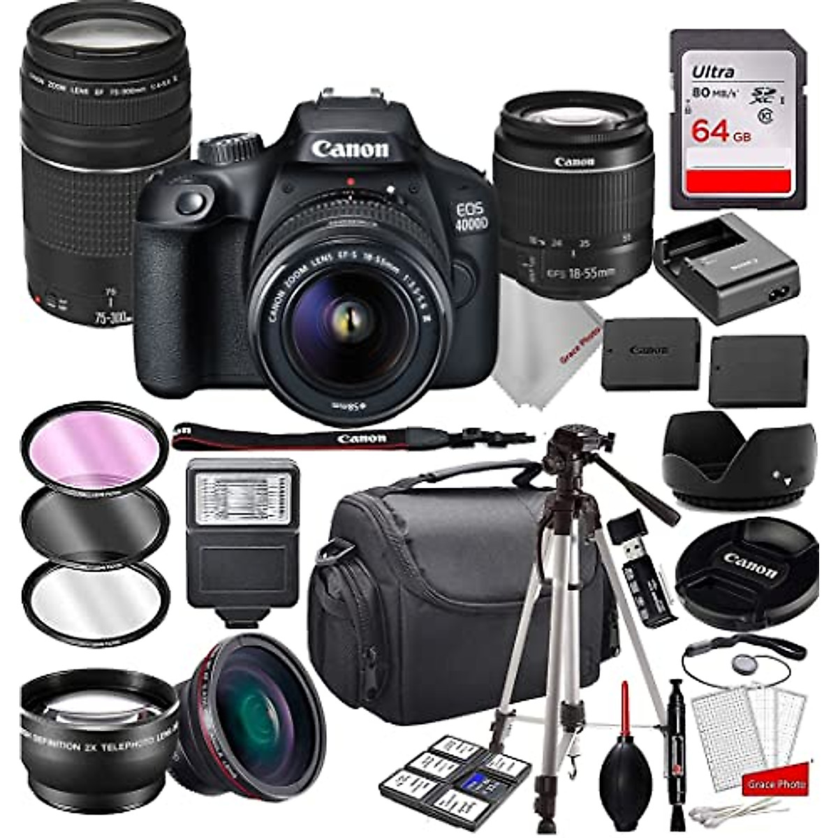 4000D (Rebel T100) DSLR Camera with 18-55mm f/3.5-5.6 III Zoom Lens & 75-300mm III Lens Bundle + 64GB Memory, Case, Tripod, Extra Battery and More