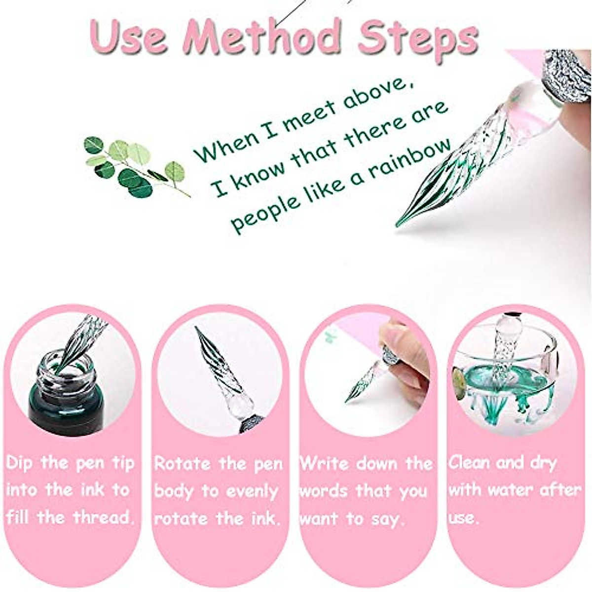 OFUN Glass Pen and Ink Set, Beginners Calligraphy Dip Pens for Art Drawing, Gift Card Writing, Rainbow Crystal Kit with 2 Pcs Pens, 12 Gold Powder Inks, Cleaning Cup, Holder