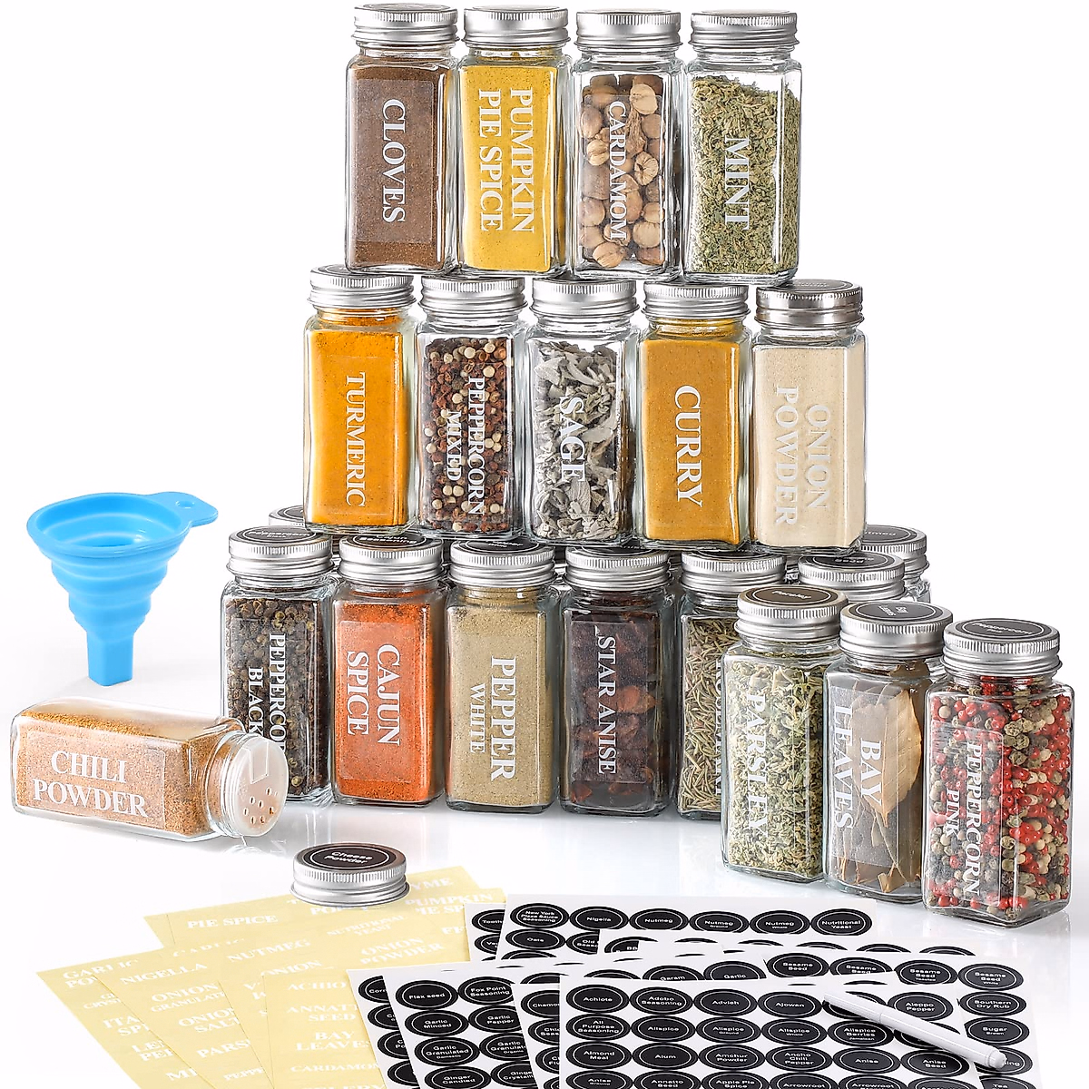 AOZITA 24 Pcs Glass Spice Jars/Bottles with Spice Labels - 4oz Empty Square Spice Containers, Condiment Pot - Shaker Lids and Airtight Metal Caps - Silicone Collapsible Funnel Included