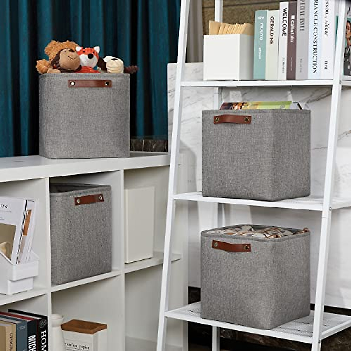 DULLEMELO Collapsible Bundle Baskets 4 Cube Baskets 11"x11"x11" + 2 Narrow Baskets 15"x6"x5.5"（Grey)