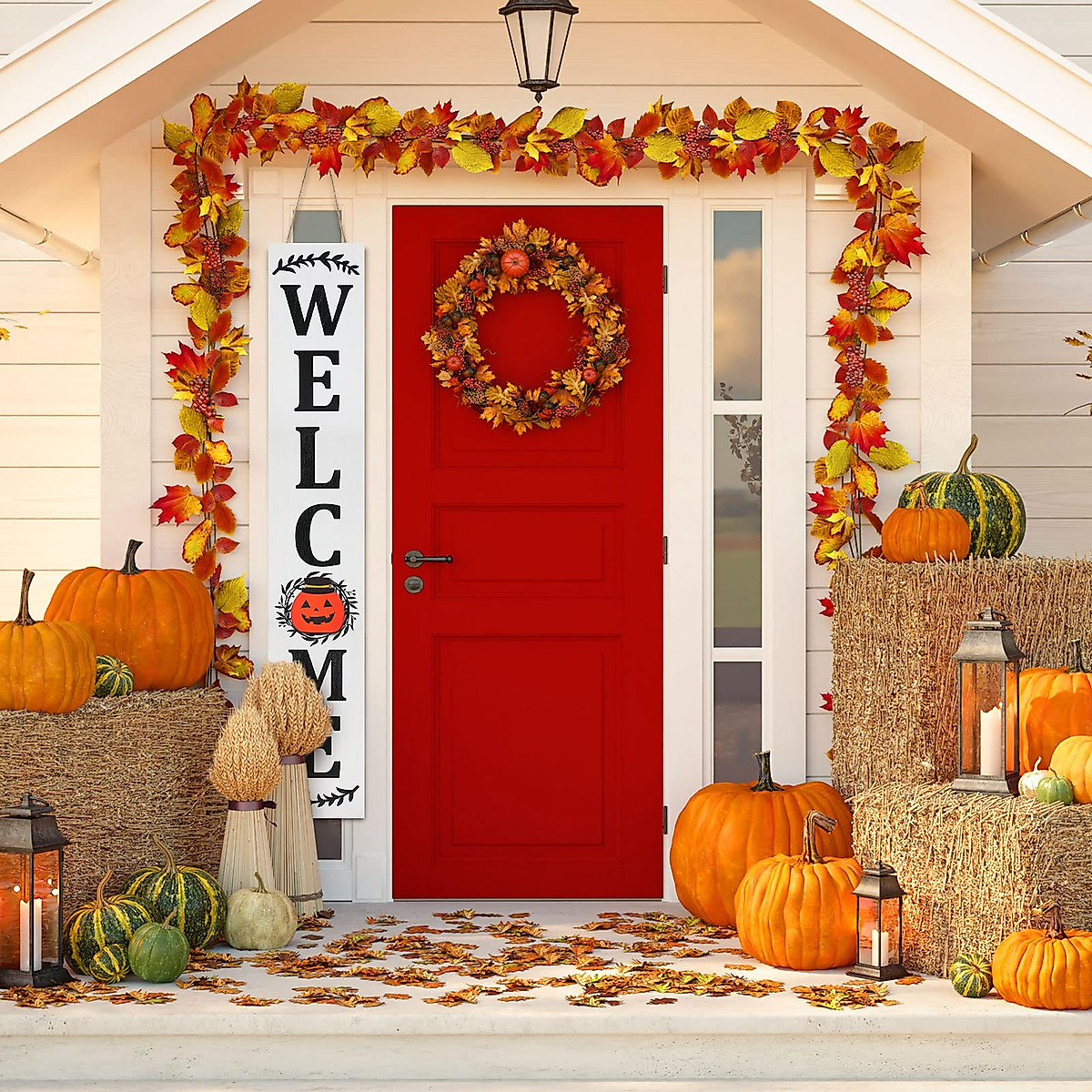Jetec Welcome Sign for Front Door Interchangeable Wooden Welcome Porch Sign Outdoor Decoration Replaceable with 16 Seasonal Icon for Valentine's St. Patrick's Day Carnival Easter(White Backing)