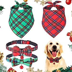 4 Pieces Christmas Dog Bandanas and Collars Set Xmas Christmas Classic Plaid Dog Neck Tie Triangle Bib Scarf Kerchief Adjustable PET Bow Tie with Safety Bell PET Costume for Cat Dog (L, Classic Style)