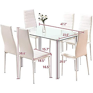 4HOMART Yvonne&F.L.A.M. 7PCS Dining Table and White Chairs Set Glass Dining Kitchen Table Set Modern Tempered Glass Top Table and White PU Leather Chairs
