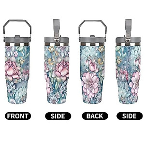 YTLKGFP 30 Oz Large Capacity Car Cup Blue Style Flowers Tumbler with Handle Straw Lid Insulated Stainless Steel Water Bottle Travel Mug Leak-proof Car Cup Keeps Cold Or Hot