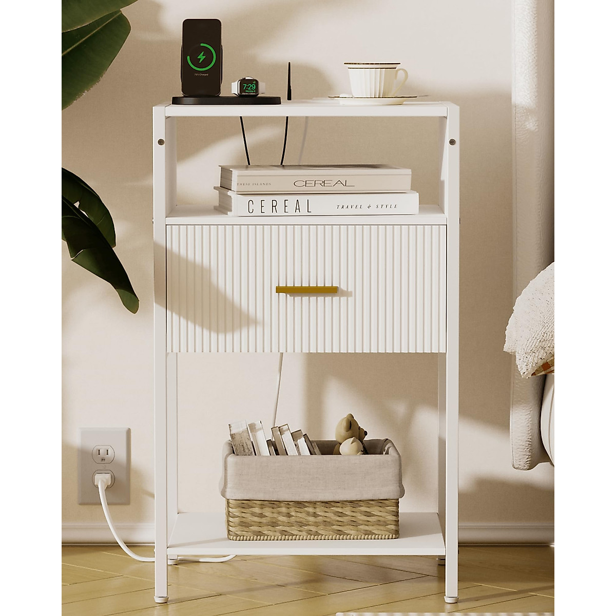 Veegle White Nightstand with Charging Station, Fluted Side Table with Drawer, Modern Bedside Table with Open Shelves for Living Room, Bedroom