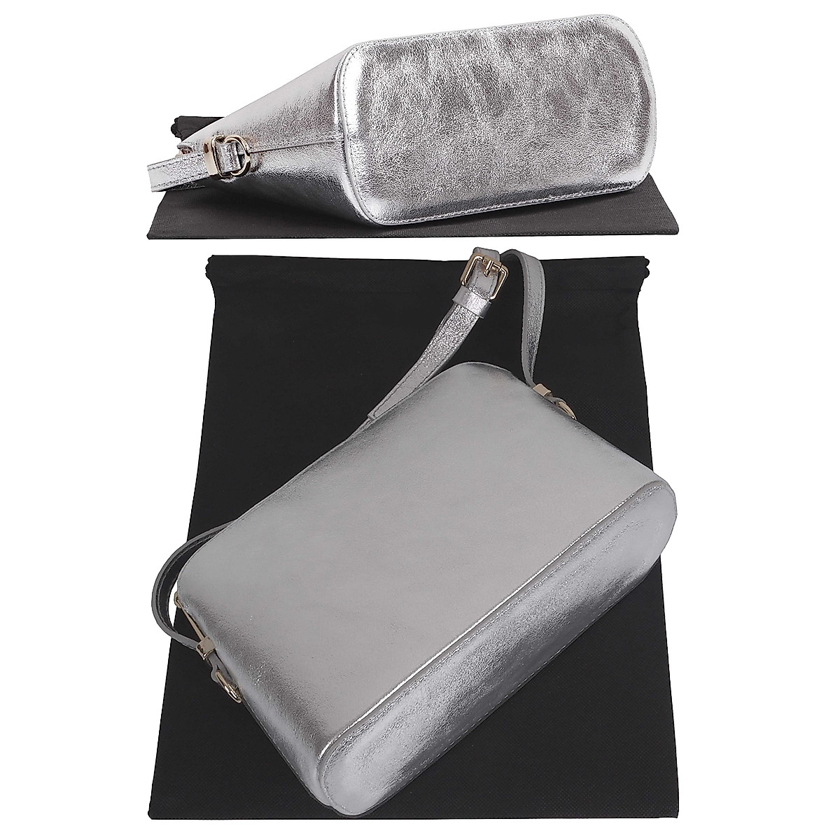 PRIMO SACCHI Ladies Italian Textured Metallic Silver Leather Small Triangular Shoulder Crossbody Bag
