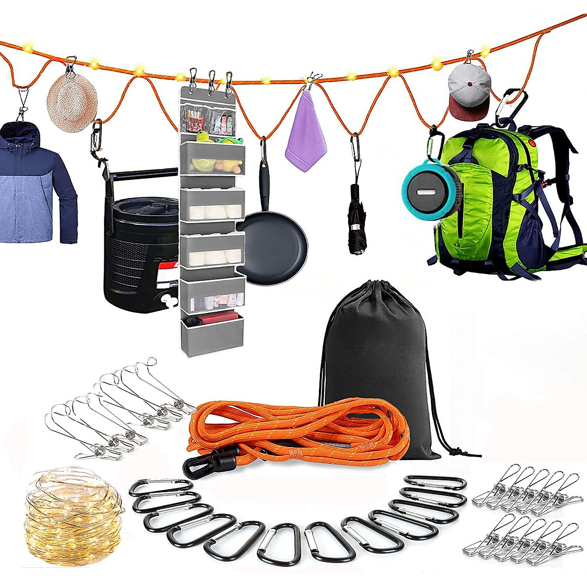 Campsite Storage Strap with 28 Buckle Pins, Van Life Essentials Camping Organizer Clothesline Outdoor Accessories Gear Equipment Garden Supplies Tent Kitchen for Hanging