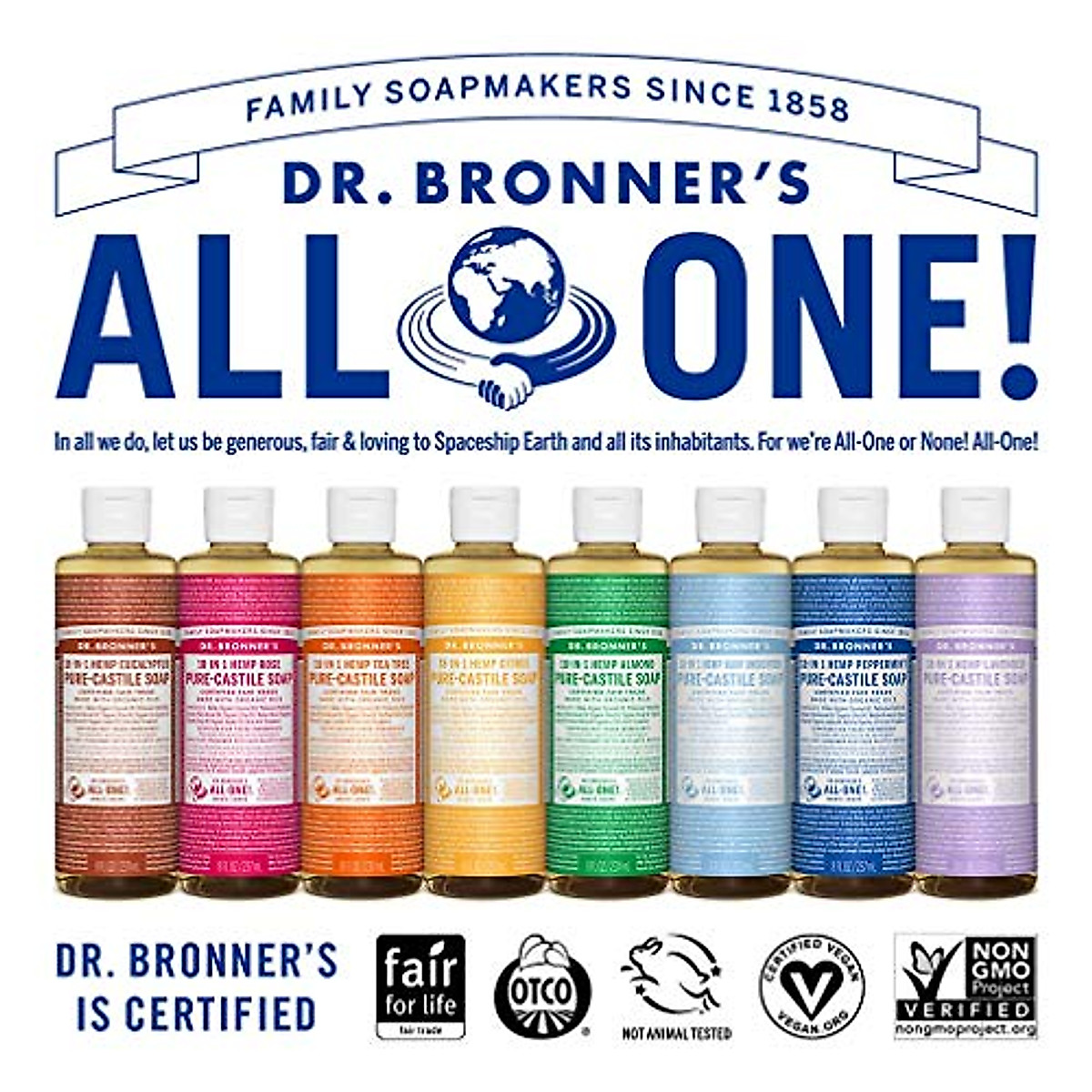 Dr. Bronner's - Pure-Castile Liquid Soap (8 oz Variety Pack) Peppermint, Lavender, Almond & Baby Unscented - Made with Organic Oils, 18-in-1 Uses: Face, Body, Hair, Laundry, Pets and Dishes | 4 Count