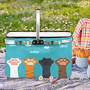 Cat Paw Print Market Basket Collapsible Large Picnic Basket Cute Animal Shopping Basket with Handle Heavy Duty Reusable Grocery Bags Folding Picnic Baskets for Shopping, Beach, Camping, Travel