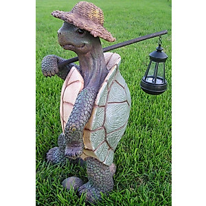 Ebros Gift Nautical Nature Lover Adventure Hiking Tortoise with Straw Hat Statue Carrying Solar Powered Lantern LED Light On A Pole Turtle Garden Yard Pool Patio Deck Home Decorative Accent