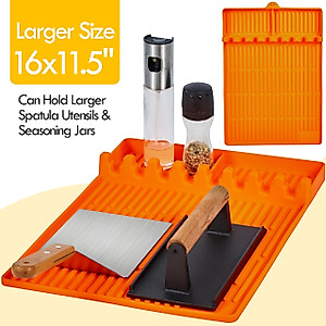 ISSEVE Silicone Griddle Tools Mat for Blackstone, Large Silicone Spatula Mat with Drip Pad, Grill BBQ Caddy Utensils Holder for Kitchen, Cooking & Countertop, Griddle Accessories for Blackstone Orange