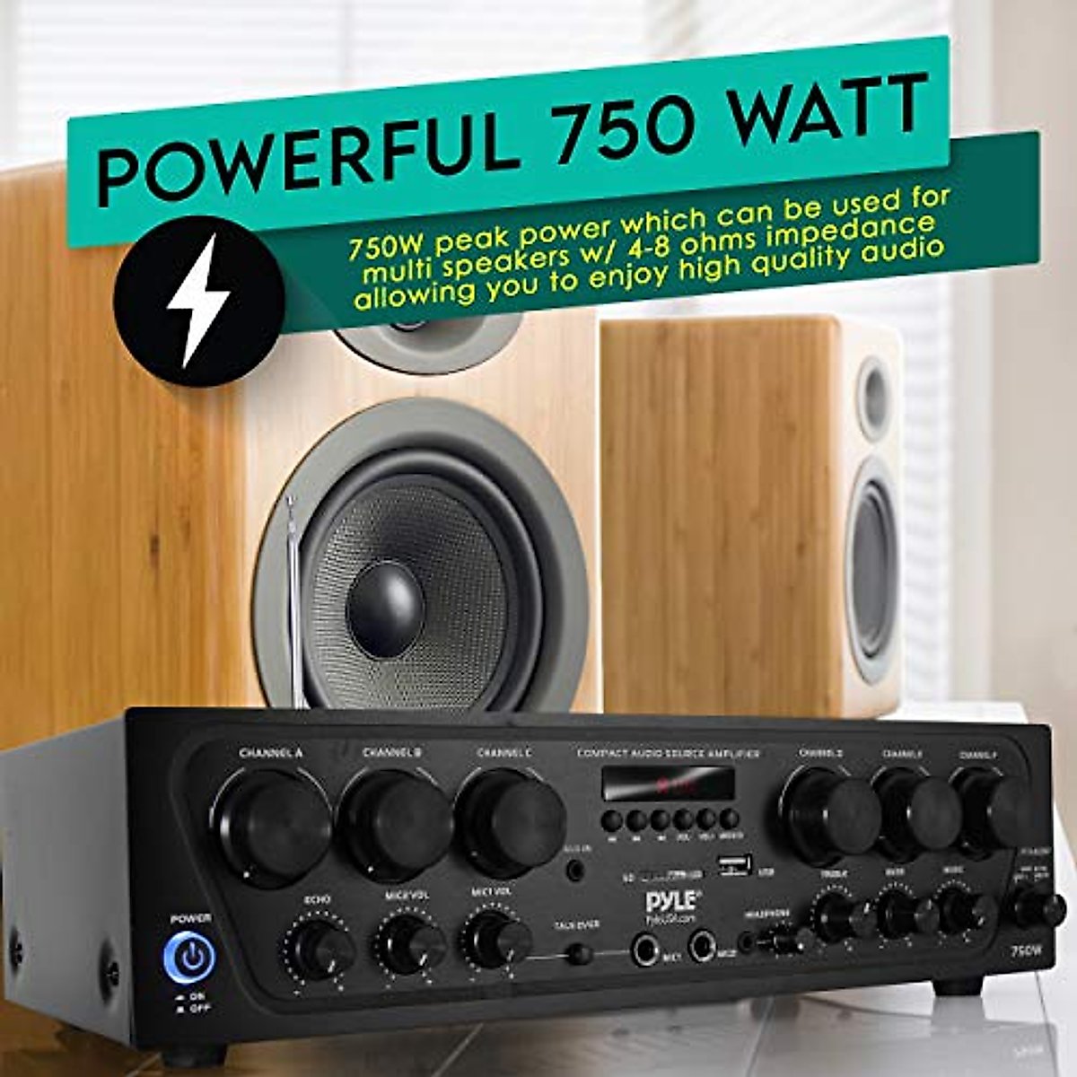 Pyle Bluetooth Home Audio Amplifier System-Upgraded 6 Channel 750 Watt Wireless Home Audio Sound Power Stereo Receiver w/USB, Micro SD, Headphone,2 Microphone Input w/Echo, Talkover for PA - PTA62BT.5