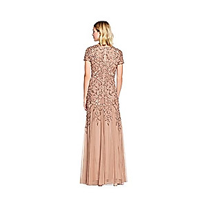 Adrianna Papell Women's Floral Beaded Godet Gown, Rose Gold, 16