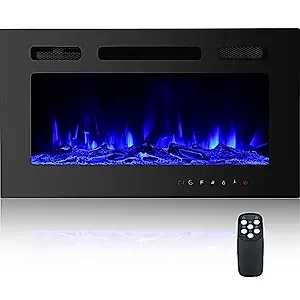 30" Electric Fireplace Recessed and Wall Mounted LED Fireplace with Remote Control 8h Timer, 12 Flames,Touch Screen, in-Wall Fireplace with Log & Crystal Hearth for Living Room