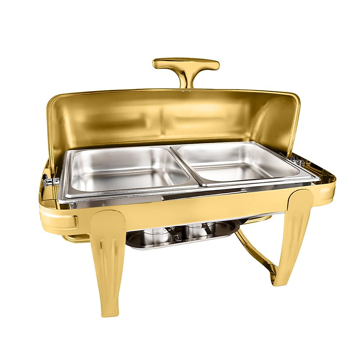 HONHPD Luxury Gold Roll Top Chafing Dish Buffet Set, 13 Litre Rectangular Stainless Steel Chafer, Buffet Servers and Warmers Set Warming Tray for Wedding, Parties, Banquet, Catering Events（Golden