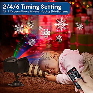Christmas Projector Lights Outdoor & Indoor,2022 Upgrade Snowflake Projector Light with Remote Control Timer，LED Moving Patterns & Ocean Wave Waterproof for Xmas Birthday Party Holiday Decorations
