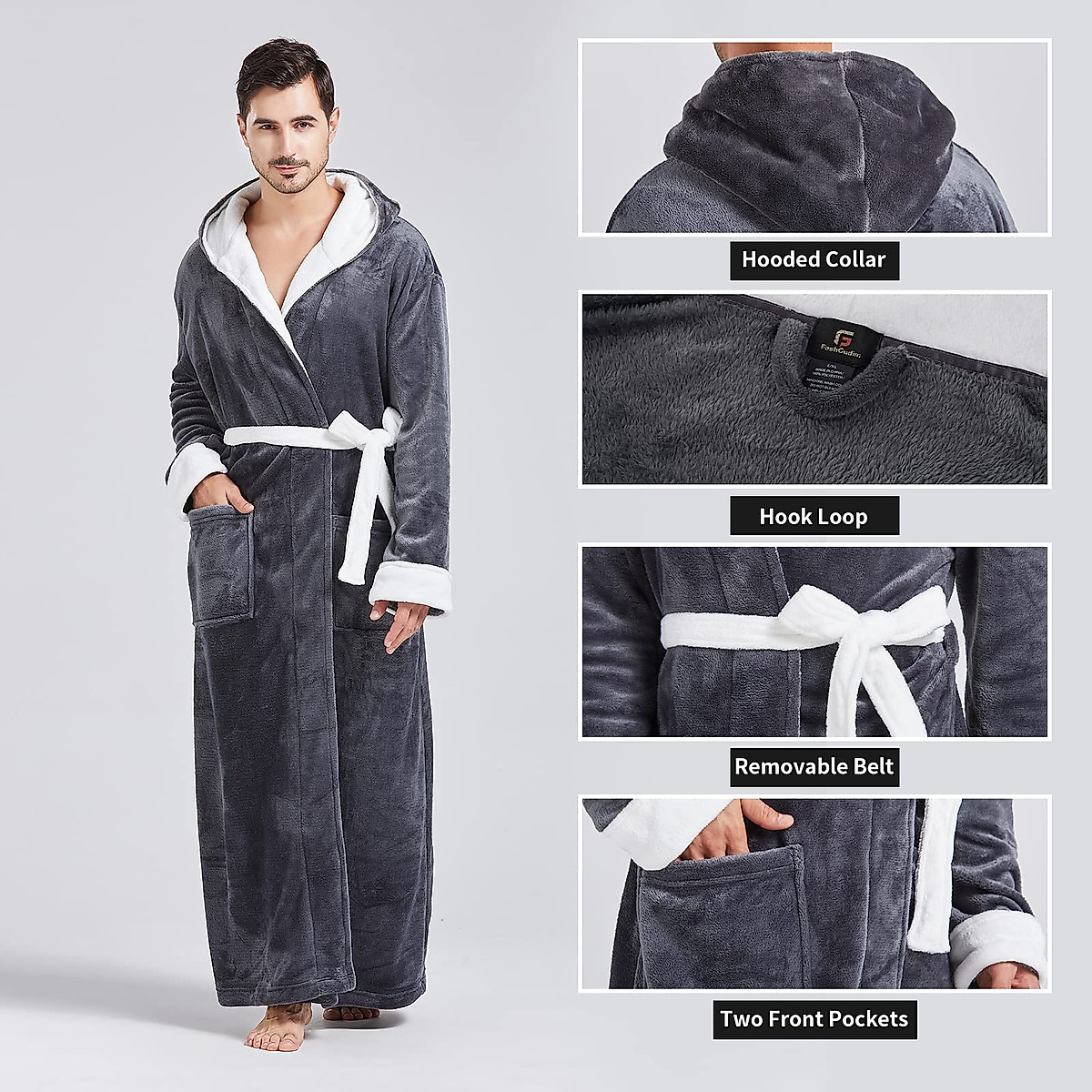 FashGudim Mens Robes Big and Tall with Hood Two-Tone Flannel Fleece Contrast Bathrobe Full Length Plush Long Robe Warm House Coat (Grey & White, XXL)