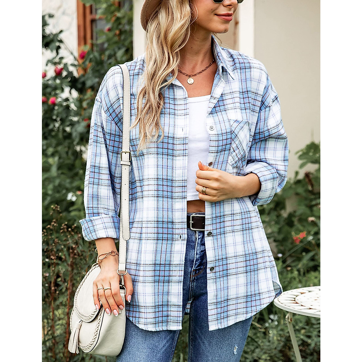 Megfie Oversized Womens Flannel Plaid Soft Flannel Button Down Shirt Roll Up Long Sleeve Flannel Plaid Shirt Blouses Women(0070-SkyBlue-L)