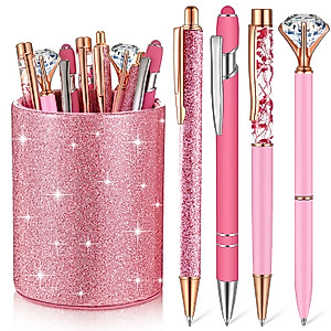 Sabary 8 Pcs Ballpoint Pens with Pen Holder for Desk Metal Crystal Diamond Pen Glitter Pencil Holder Fancy Pens Black Ink Bling Desk Organizer for Women Girls Office School Wedding Gifts (Pink)
