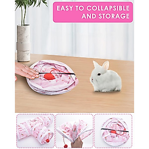 Bissap Rabbit Tunnel, 9.8'' Collapsible Bunny Tunnel and Tube 3 Ways Pet Hideout with 1 Play Ball for Indoor Kittens Dwarf Rabbits Bunnies Guinea Pigs Chinchillas Small Animal Activity Fun Toys (Pink)