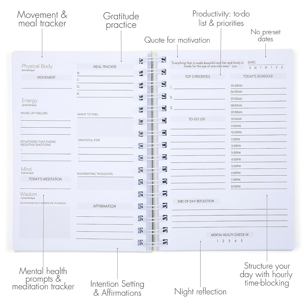 Daily Alignment Journal: Habit Tracker, Mindfulness Journal, Hourly Planner | Happiness & Productivity | Undated Hardcover Spiral Planner, White Journal for Mental Health - Wellness Gift Ideas