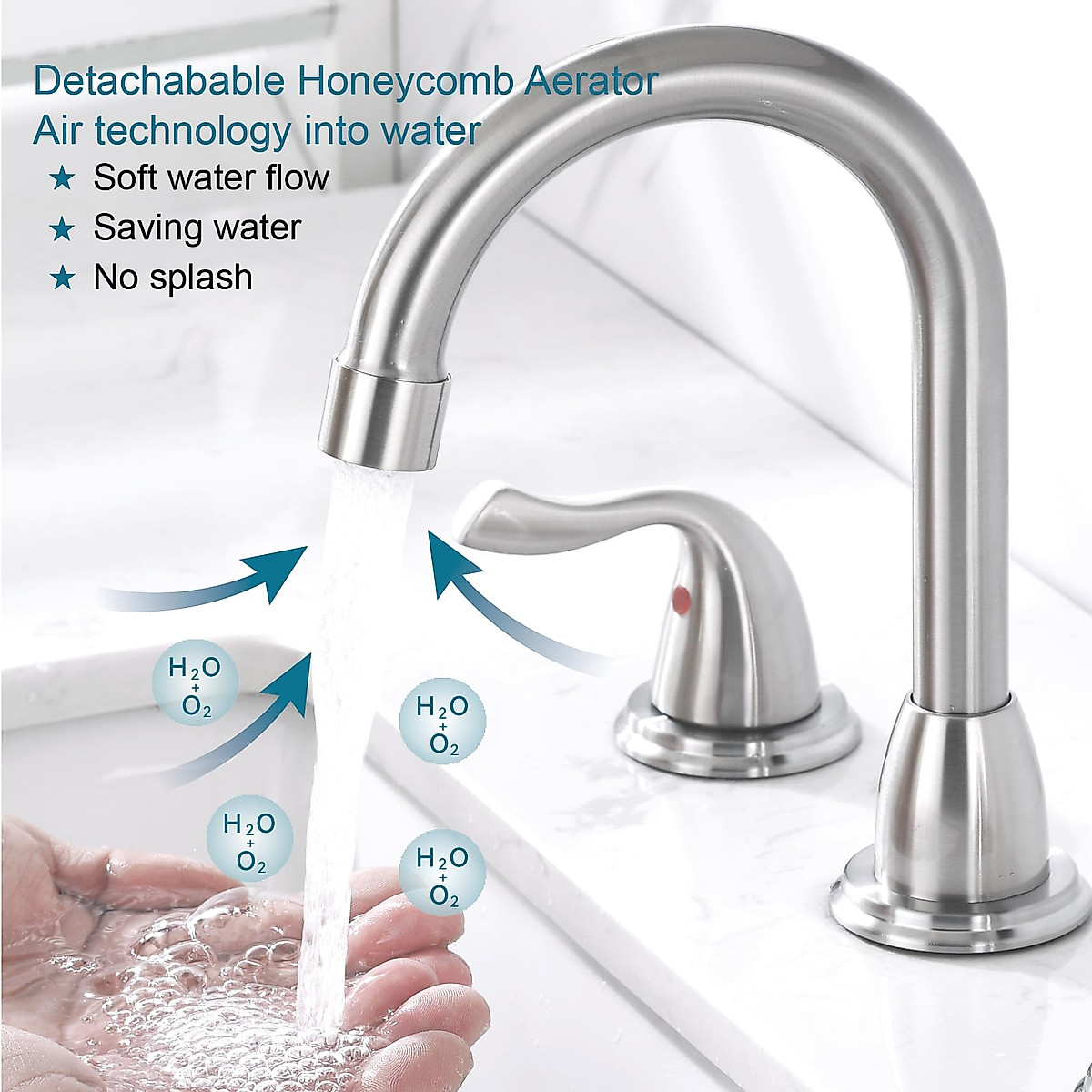 RKF Bathroom Faucets for Sink 3 Hole Brushed Nickel 8 inch Widespread Bathroom Sink Faucet with Drain Double Lever Handle Faucet Bathroom Vanity Faucet Basin Mixer Tap Faucet with Hose&Deck RKF03011