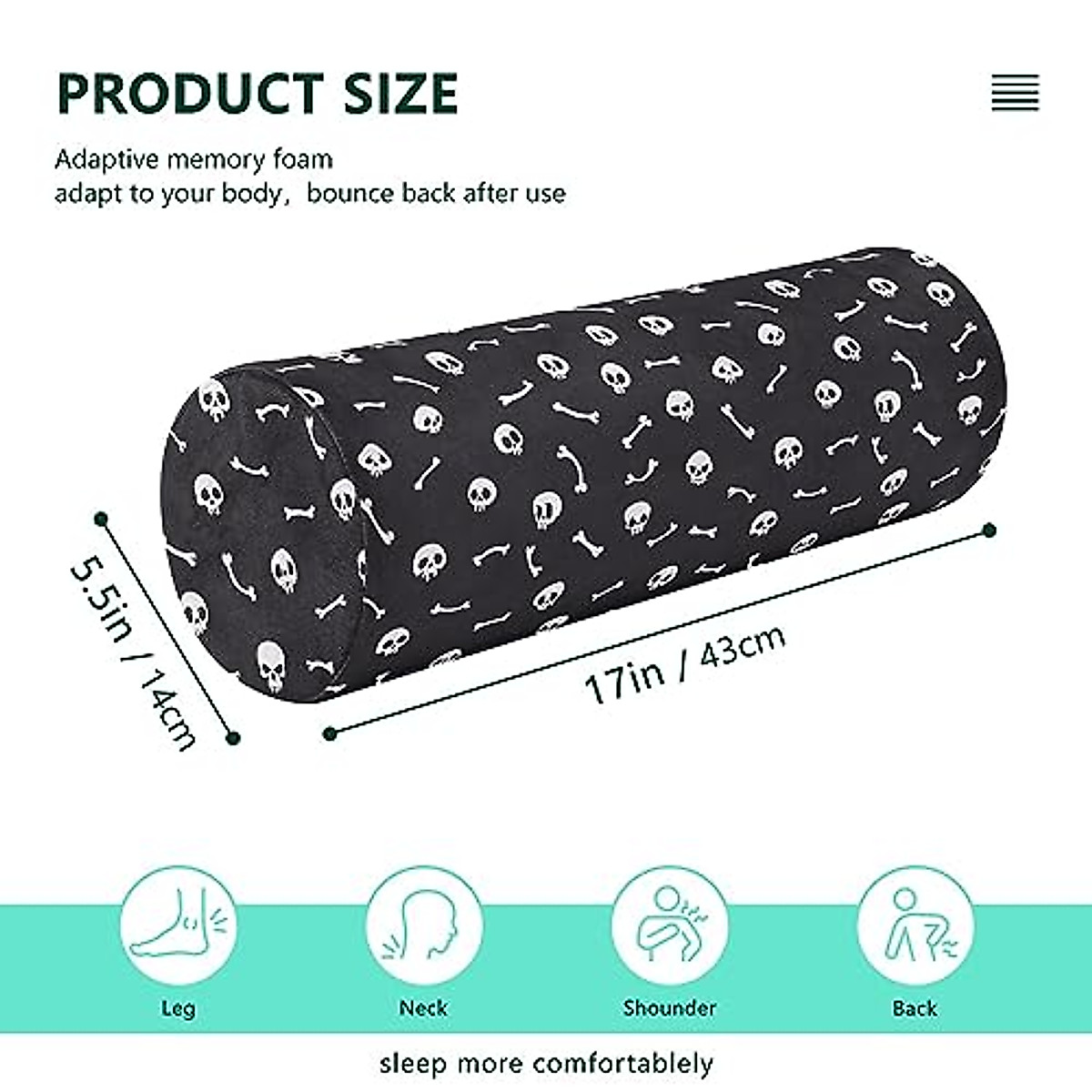 Vnurnrn Cartoon Skulls Neck Support Pillow Round Neck Roll Bolster Cylinder Pillow Cervical Pillows Bolster Pillow for Leg Knee Back Head Support for Gifts Camp Study Work