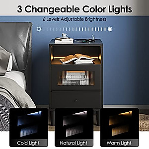 Saudism Black Nightstand with Charging Station, End Table with Glass Drawers, Night Stand with LED Lights, Wood Bedside Tables for Bedroom, 15.7”×13.7”×23.8”