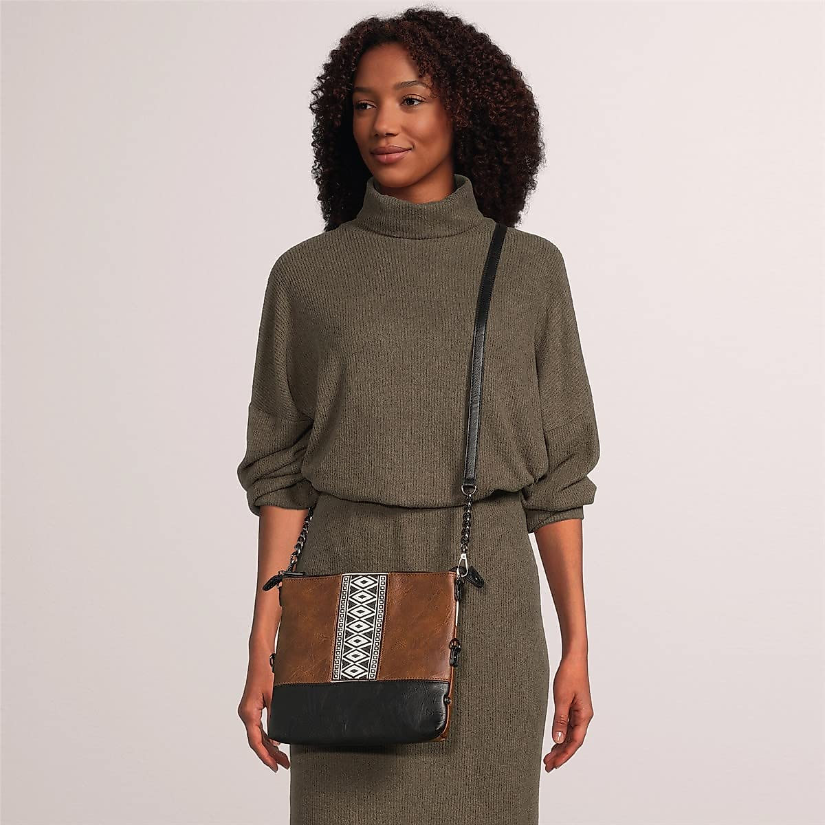 K&Bo Juniper Women’s Chain Crossbody Handbag Purse Brown, Boho Embroidered Medium, Converts to Clutch Bag, Lightweight