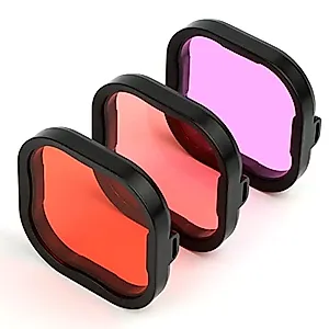 Underwater Camera Dive Filters for GoPro Hero 8,9 and 10 Black Protective Housing Lens Cover in Red, Light Red, and Magenta, Professional Color Correcting Photography Accessory Title