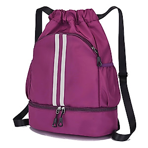 Oziral Drawstring Backpack, Water-Resistant Sports Gym Bag with Shoe Compartment and Two Side Mesh Pockets, String Backpack with Reflective Strip for Men and Women (Purple)
