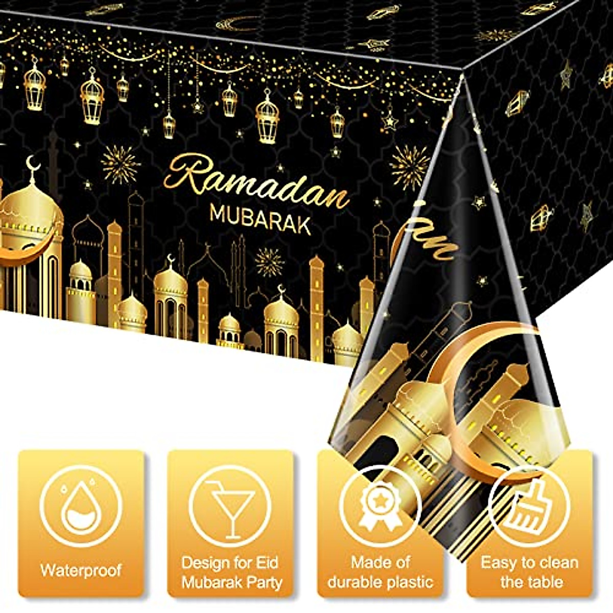 6 Pack Ramadan Plastic Tablecloth Decorations for Home, Eid Mubarak Ramadan Disposable Table Cover Decorations, Muslim Happiness Ramadan Eid Al-fitr Table Cloths for Ramadan Party Supplies, 54x108Inch
