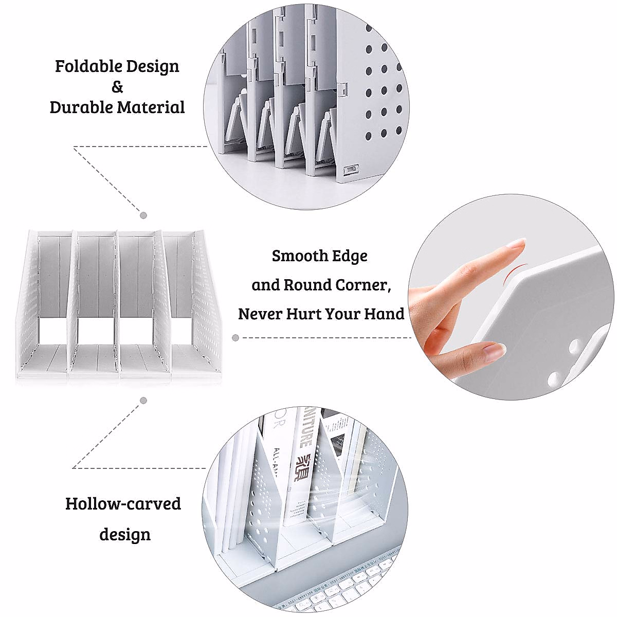 Lemical Freely Expanding 4 Vertical Compartment Collapsible Magazine File Holder Space Saving Rack Home Kitchen Desk Organizer No Need Assemble Gray