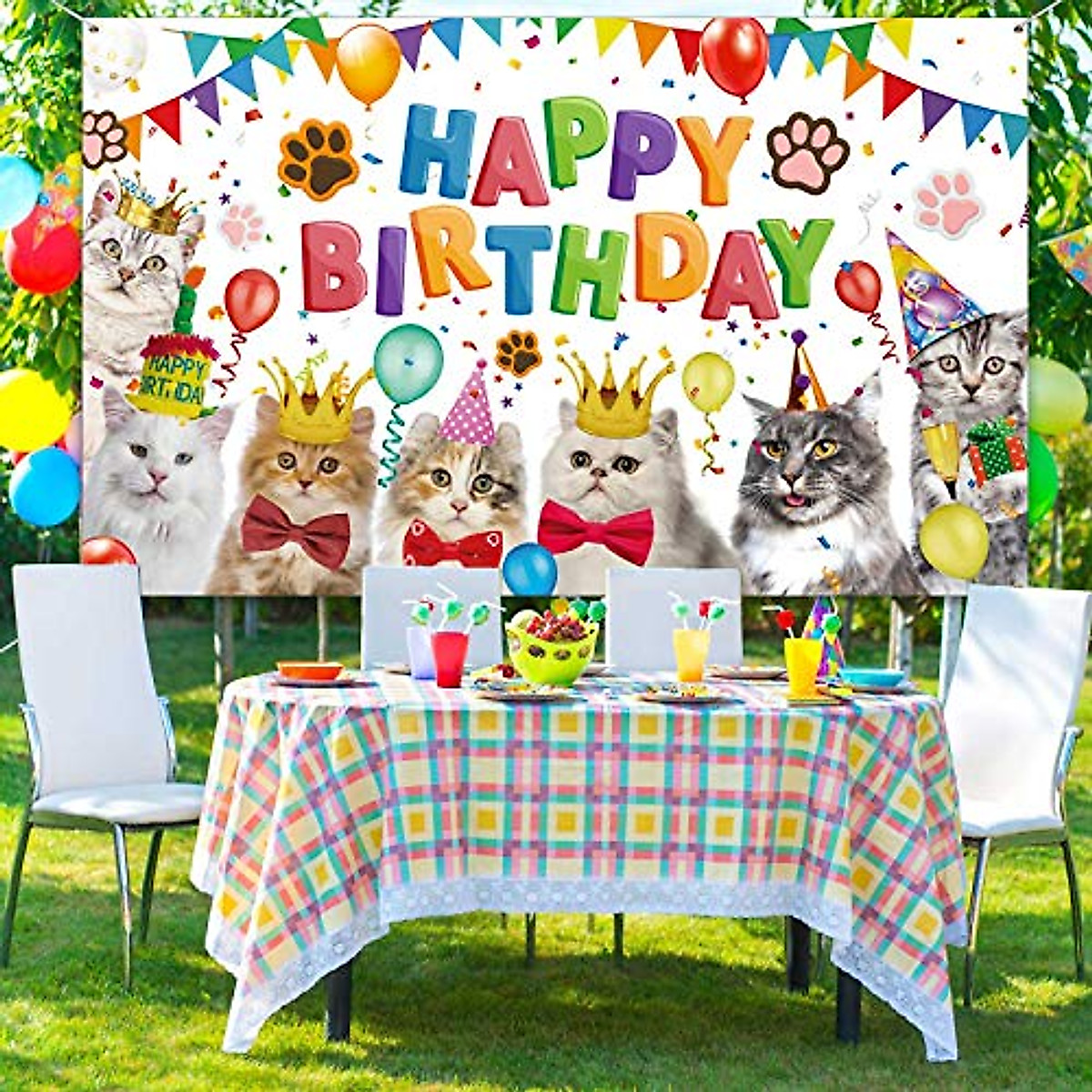Cat Happy Birthday Backdrop Kitten Photography Background Pet Paw Cat Theme Party Photo Backdrop Birthday Party Decorations for Cat Owner Children Kids Cake Table Decorations
