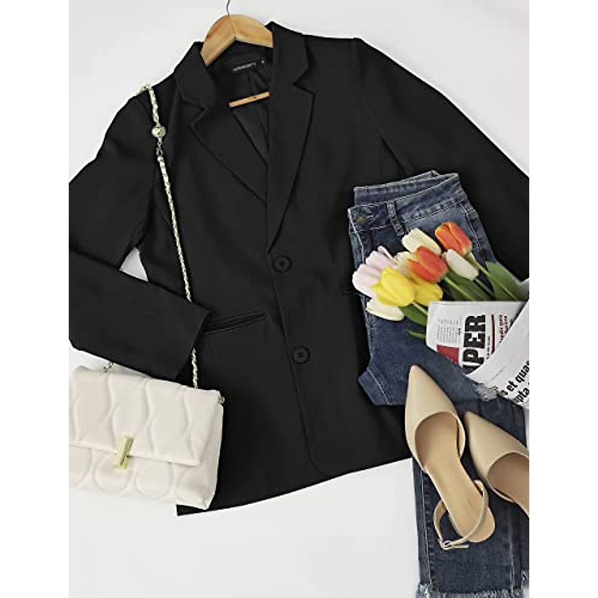 MEROKEETY Women's 2023 Fall Casual Blazers Long Sleeve Lapel Open Front Button Work Blazer Jackets with Pockets, Black, M